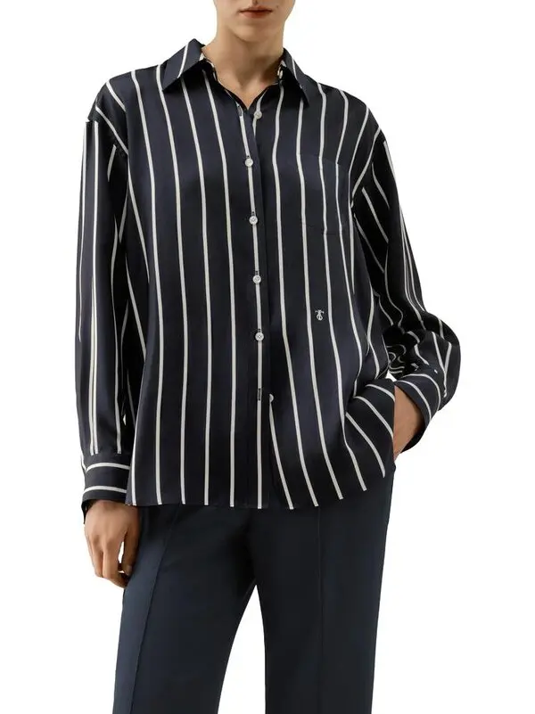 Lilysilk Silk Twill Striped Shirt - Navy&white Stripe