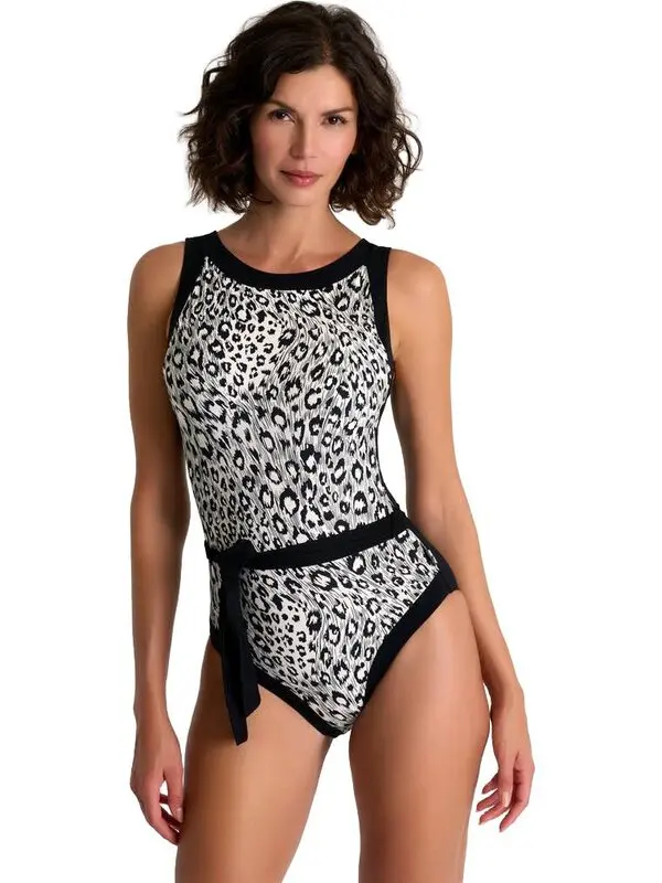 Shan Belted High-neck One-piece - Animal Print
