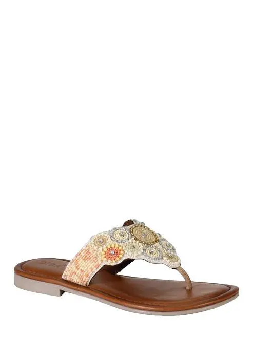 DIBA TRUE Leather Thong Sandal With Glass Beads - Tan/beige/multi