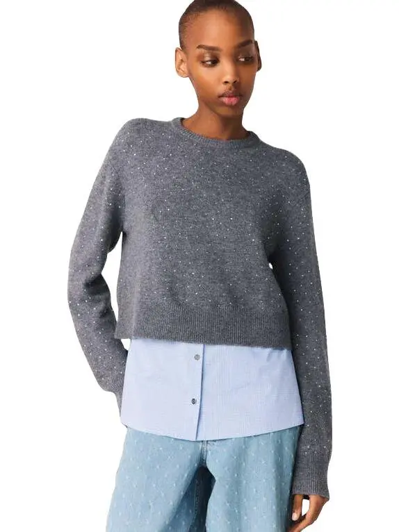 Maje Rhinestone Trim Sweater With Removable Poplin Shirt - Grey