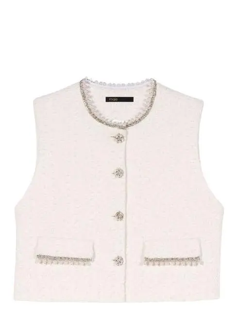 Maje Beaded Tweed Waistcoat - Ecru