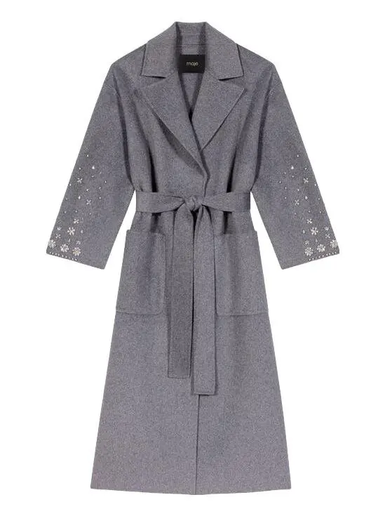 Maje Long Double-faced Rhinestone Coat - Grey