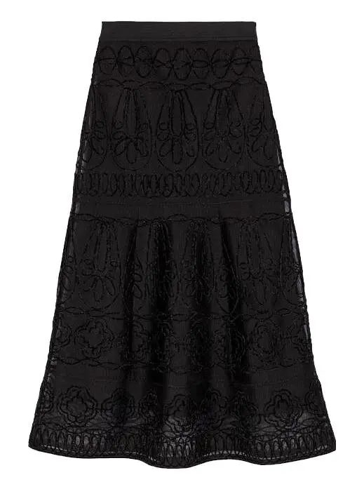 Maje Embroidered Basket-weave Knit Flared Skirt - Black