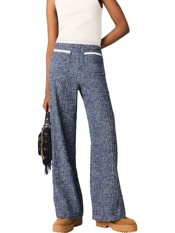 Maje Tweed Wide-leg Trousers - Navy
