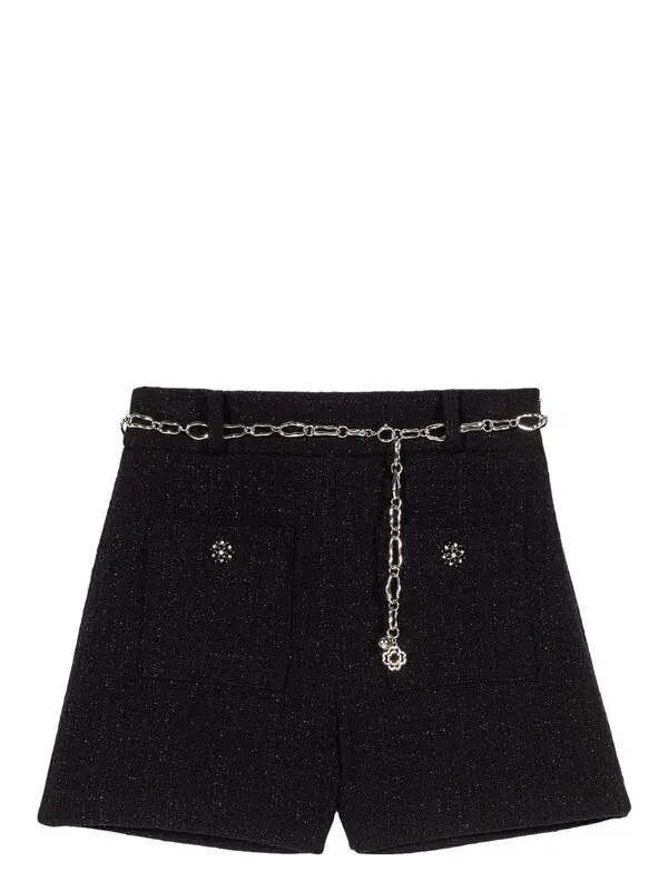 Maje Metallic Tweed Shorts With Chain Belt - Black