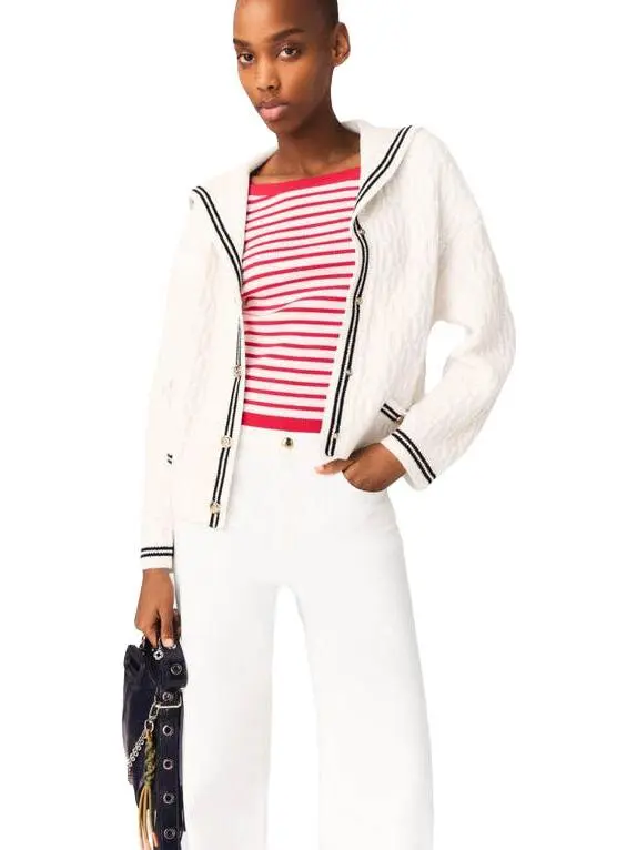 Maje Cable Knit Boat Neck Cardigan With Striped Trim - Ecru