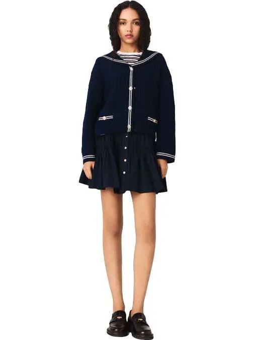 Maje Cable Knit Boat Neck Cardigan With Striped Trim - Navy