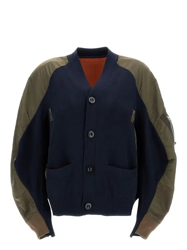 Sacai Knit And Nylon Cardigan - Blue