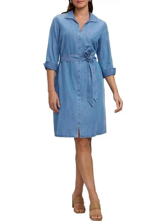 Foxcroft Agnes Tie Waist Denim Shirtdress - Bleach Wash Blue