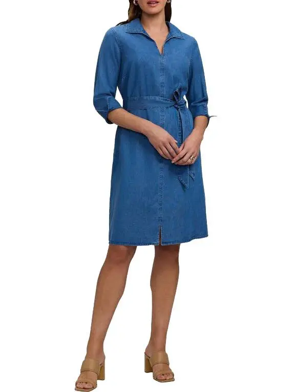 Foxcroft Agnes Tie Waist Denim Shirtdress - Medium Wash Blue