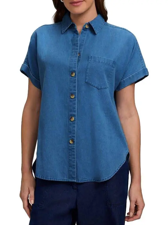 Foxcroft Abigail Short Sleeve Denim Button-up Shirt - Medium Wash Blue