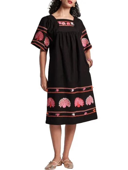 FRANCES VALENTINE Peacock Embroidered Picnic Midi Dress - Black/multi