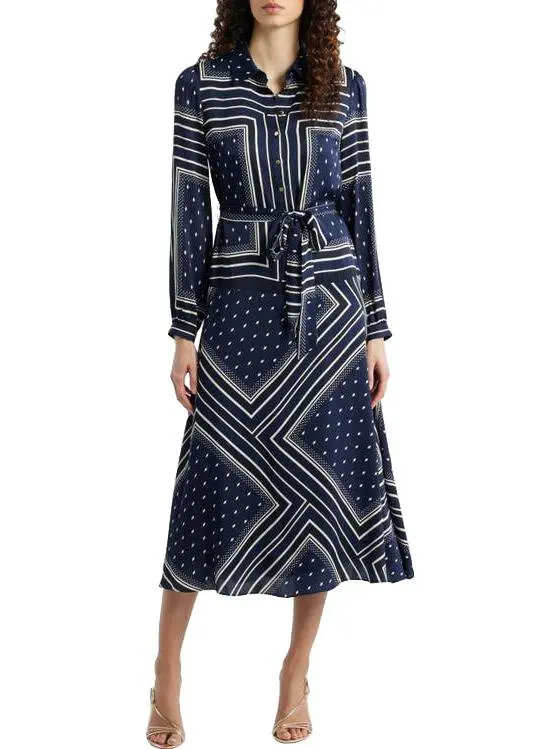 Elie Tahari Hollie Long Sleeve Silk Blend Midi Shirt Dress - Diamond Rain Print