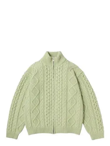 VOWELS Cable Knit Zip-up - Faded Lime