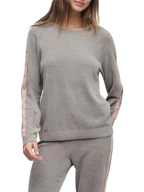 Barefoot Dreams Cozychic Ultra Lite Heart Stripe Crewneck Lounge Top - Dove Gray-pink Sand