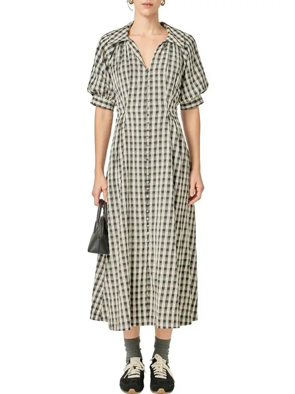 English Factory Gingham Seersucker Shirtdress With Puff Sleeves - Black