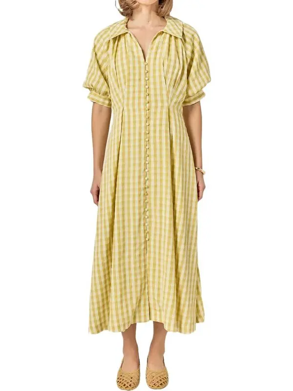English Factory Gingham Seersucker Shirtdress With Puff Sleeves - Pistachio