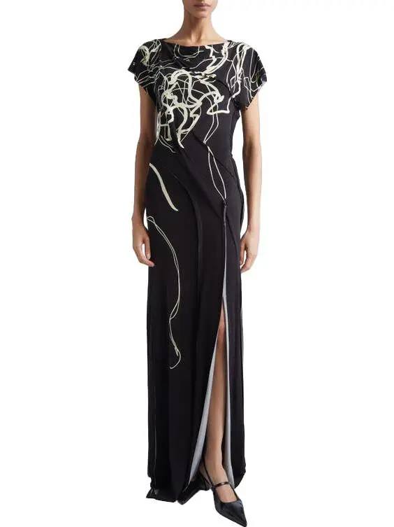 JASON WU Scribble Floral Print Jersey Gown - Black/chalk