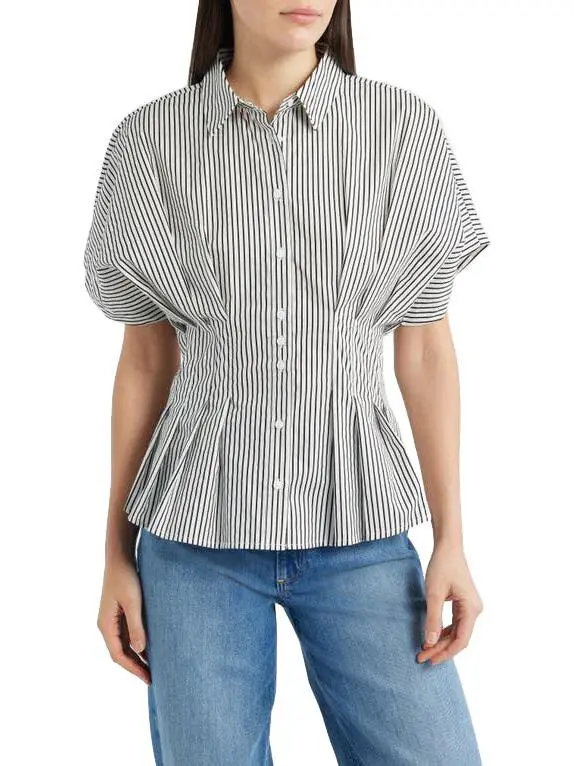 Vince Camuto Pleat Waist Dolman Shirt - Rich Black Stripe