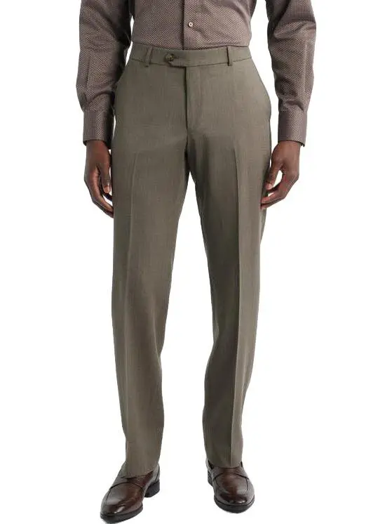 Berle Covert Flat Front Wool Twill Dress Pants - Brown