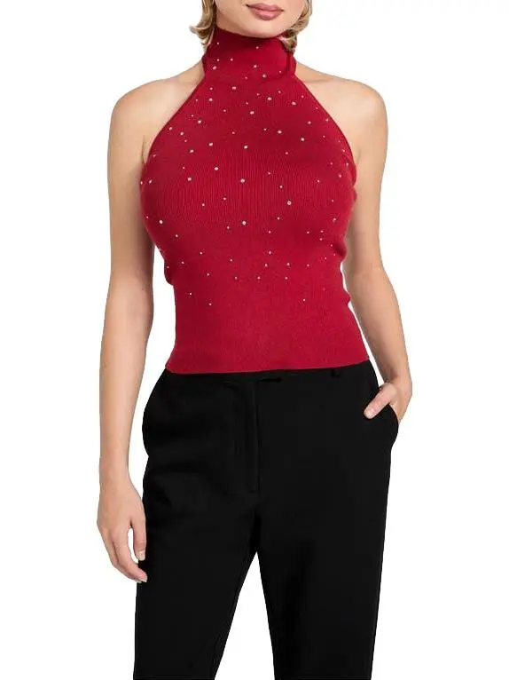 Guess Minara Rhinestone Turtleneck Halter Sweater - Red
