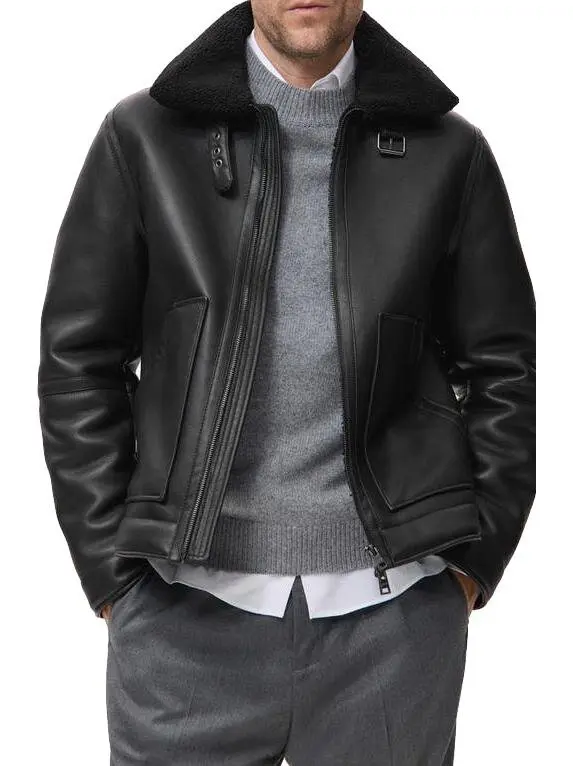 Mango Fleece Lined Faux Leather Bomber Jacket - Black