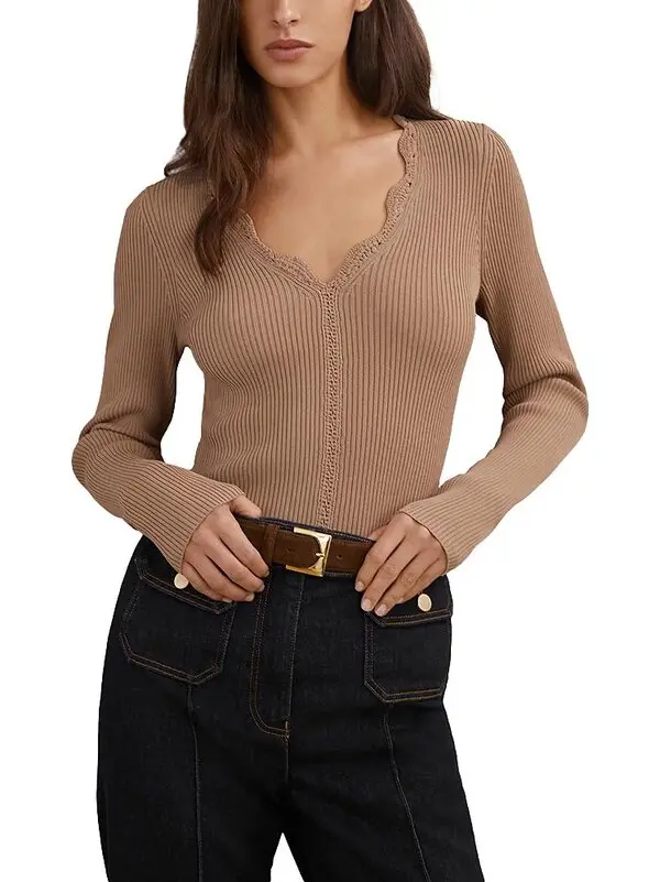 REISS Lara Crochet Stitch V Neck Sweater - Taupe Neutral