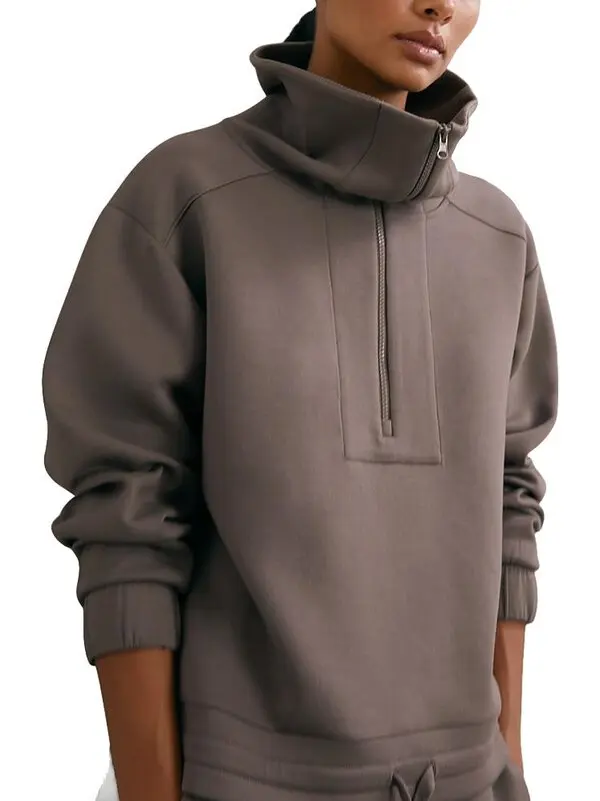 REISS Laney Half Zip Sweatshirt - Taupe Brown