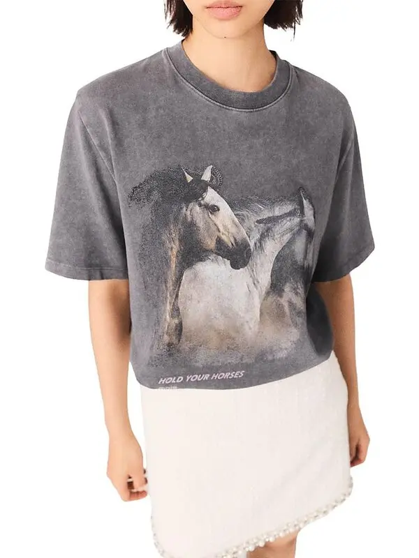 Maje Horse Graphic Cropped Tee - Grey