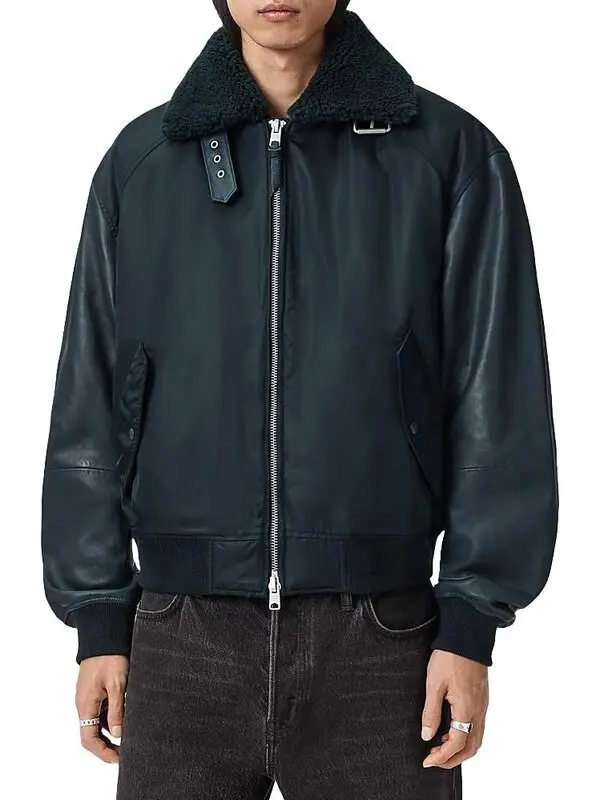 ALLSAINTS Elton Leather Aviator Jacket - Slate Blue