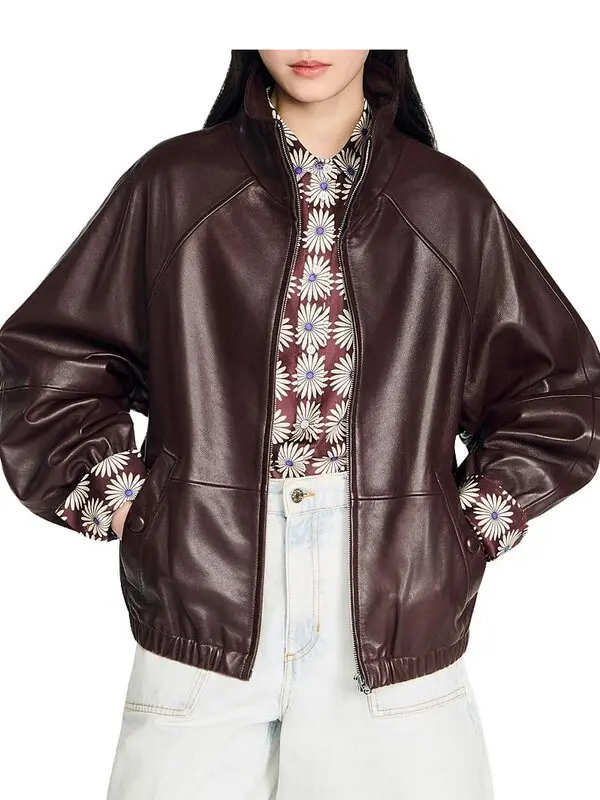 Sandro Oversized Zip Up Leather Jacket - Brown
