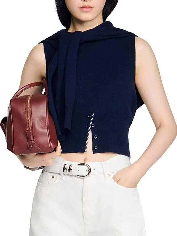 Sandro Striped Trim Wool Cropped Sweater - Navy Blue