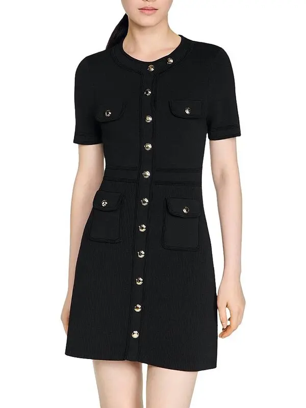 Sandro Sis Button Up Knit Short Dress - Black