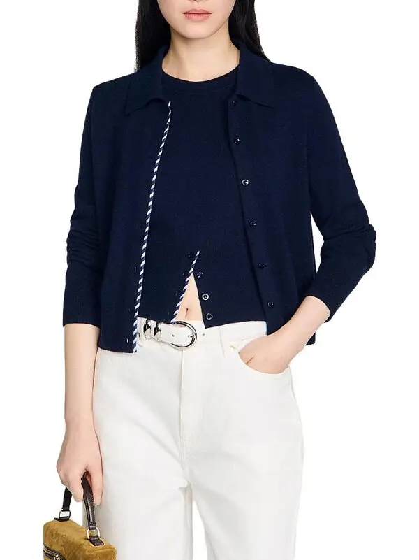 Sandro Dantes Striped Trim Wool Cardigan - Navy Blue