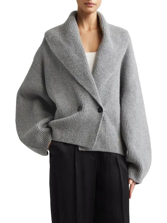 TOTEME Shawl Collar Wool Rib Cardigan - Mid Grey Melange