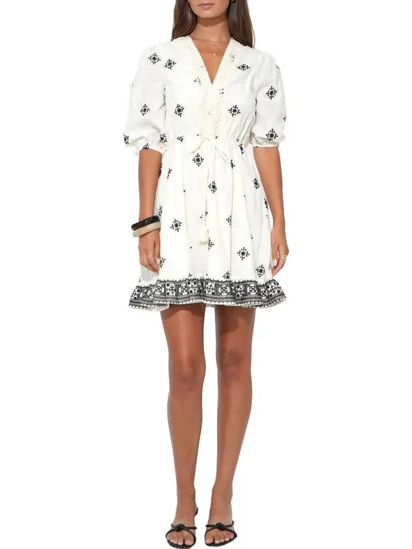 Adelyn Rae Soraya Embroidered Cotton Minidress - Ivory/black