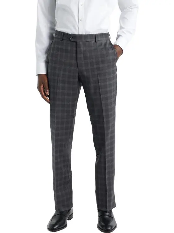 Berle Narrow Plaid Wool Dress Pants - Medium Grey