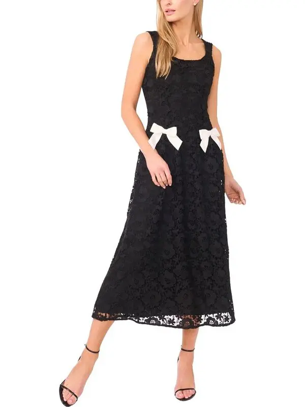 CECE DUPRAZ Floral Lace Midi Dress With Bow Detail - Rich Black/ivory