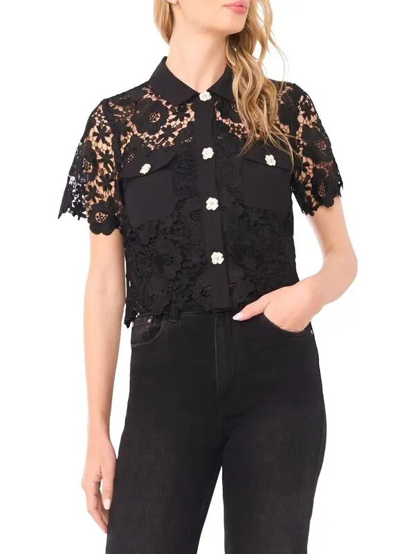 CECE DUPRAZ Floral Lace Button-up Shirt - Rich Black