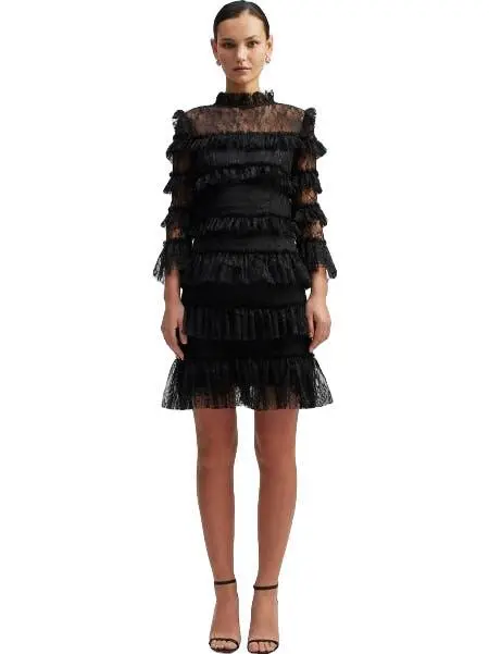 MALINA Carmine Mini Frill Lace Dress - Black