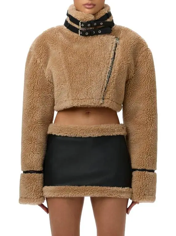 Naked Wardrobe Reversible Faux Shearling Crop Moto Jacket - Black/tan