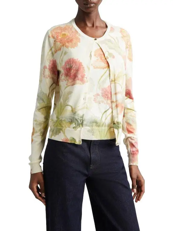 Carolina Herrera Poppy Print Silk & Cotton Cardigan - Almond Multi