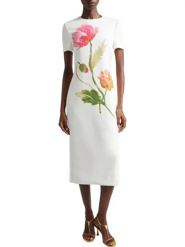 Carolina Herrera Poppy Print Stretch Crepe Sheath Dress - White Multi