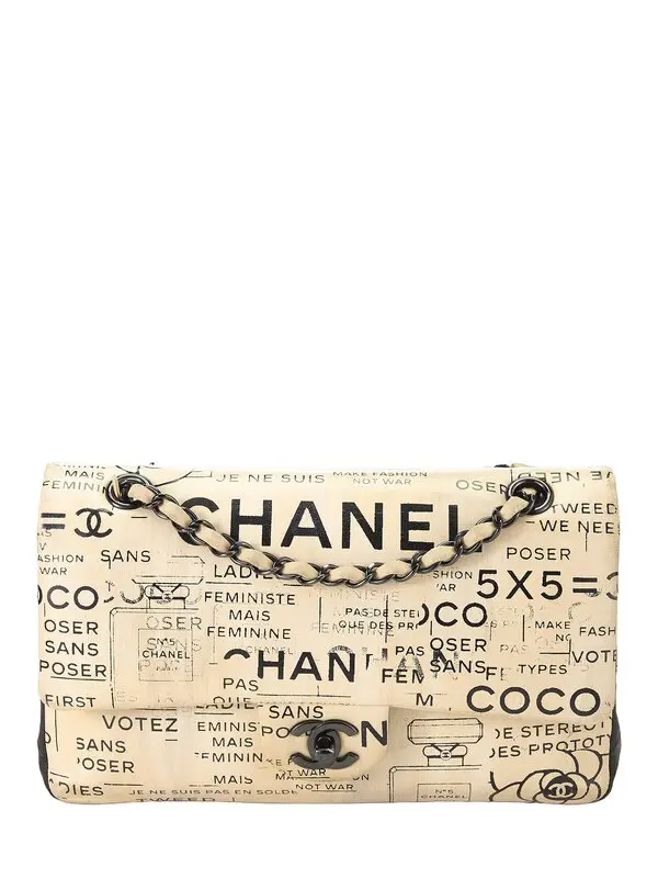 Chanel Calfskin Graffiti Newspaper Classic Double Flap Medium - Beige