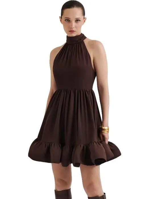 MALINA Halterneck Ruffled Mini Dress - Chocolate