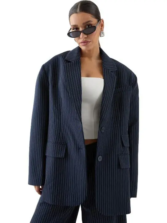 MISSPAP Pinstripe Oversized Blazer - Navy