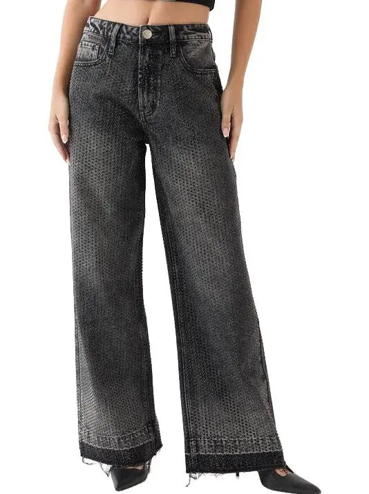 MISSPAP Diamante Embellished Straight Leg Jeans - Washed Black