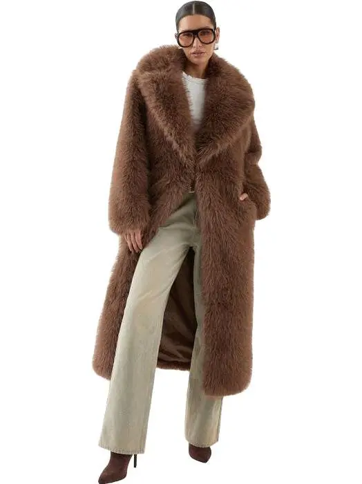 MISSPAP Long Faux Fur Wide Collar Coat - Brown