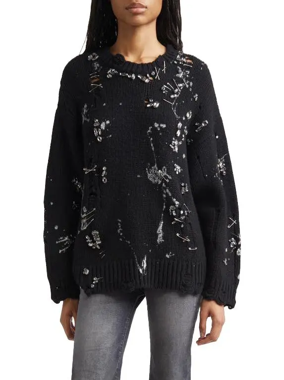 R13 Oversized Merino Wool Sweater With Safety Pin Embellishment - Black With Crystals And Pins