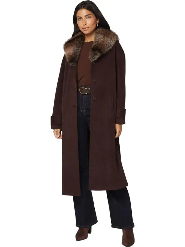 WALLIS Faux Fur Collar Tab Cuff Coat - Chocolate